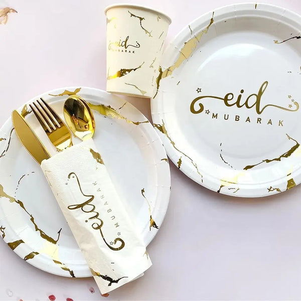Eid Paper Plates - White/Gold Marble – Crystal Bowtique